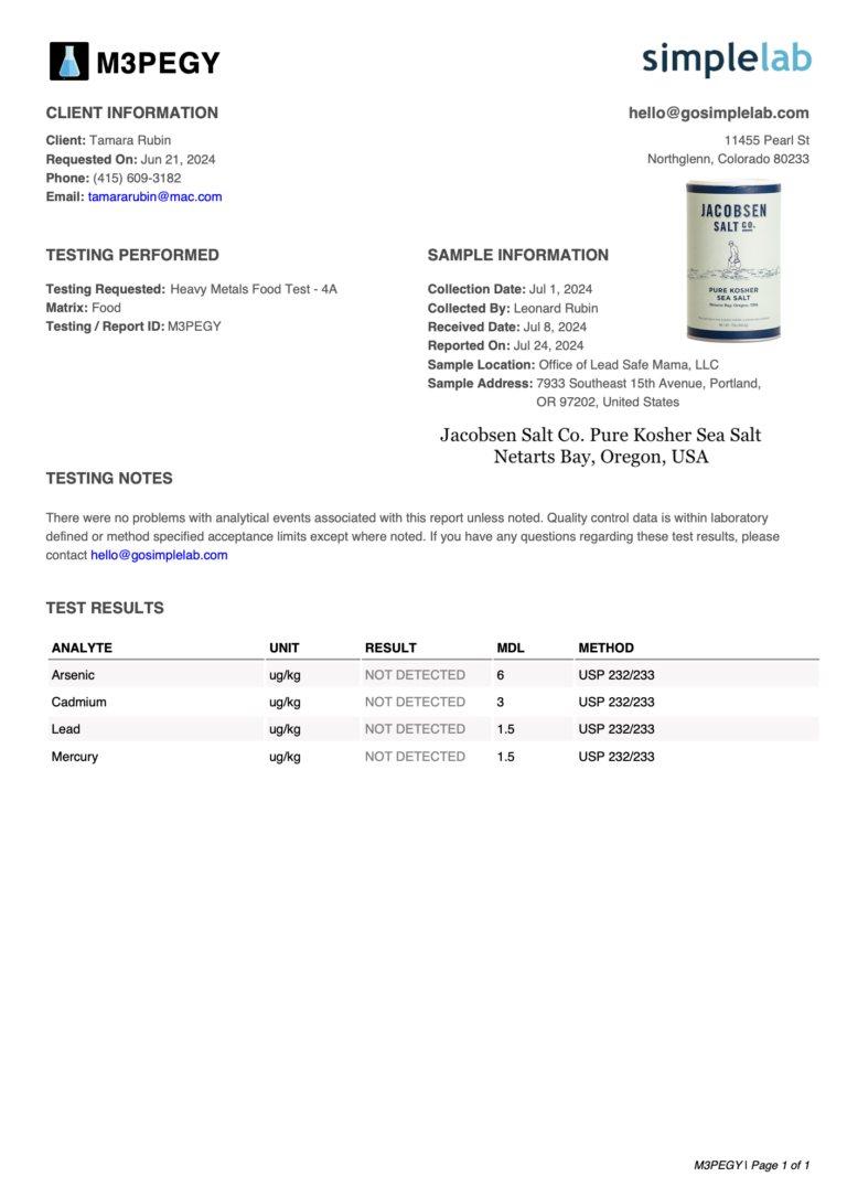 July 2024 Laboratory Test Results for Jacobsen Salt Co. Pure Kosher Sea ...