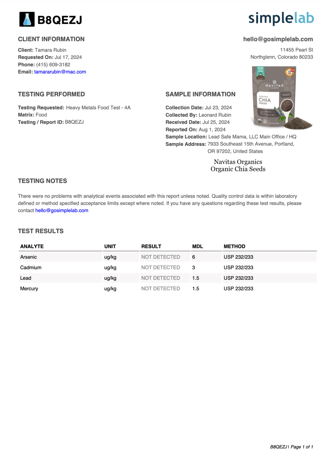 August 2024 Laboratory Test Report for Navitas Organic Chia Seeds ...