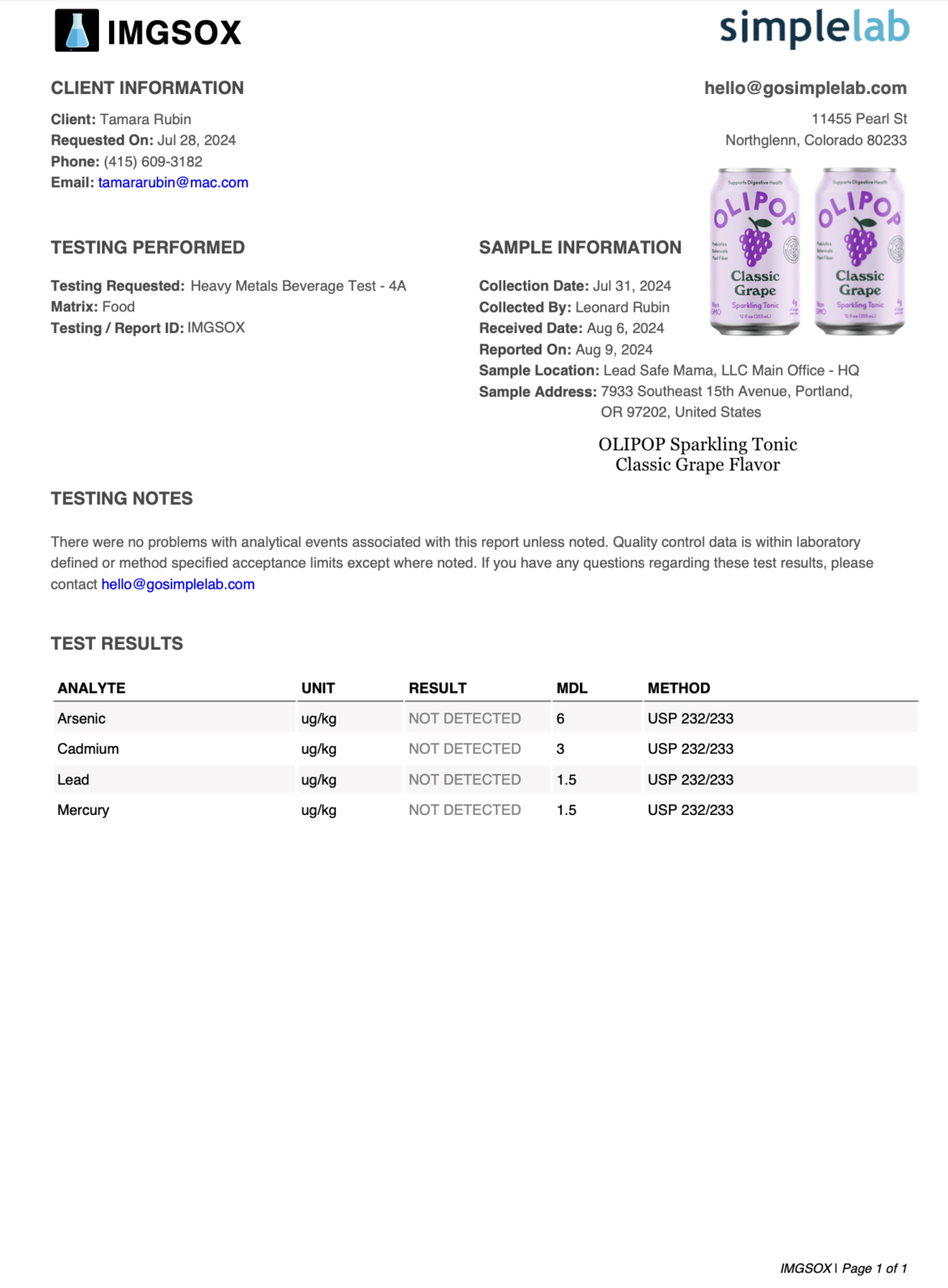 August 2024 Laboratory Test Report for OLIPOP Sparkling Tonic in ...
