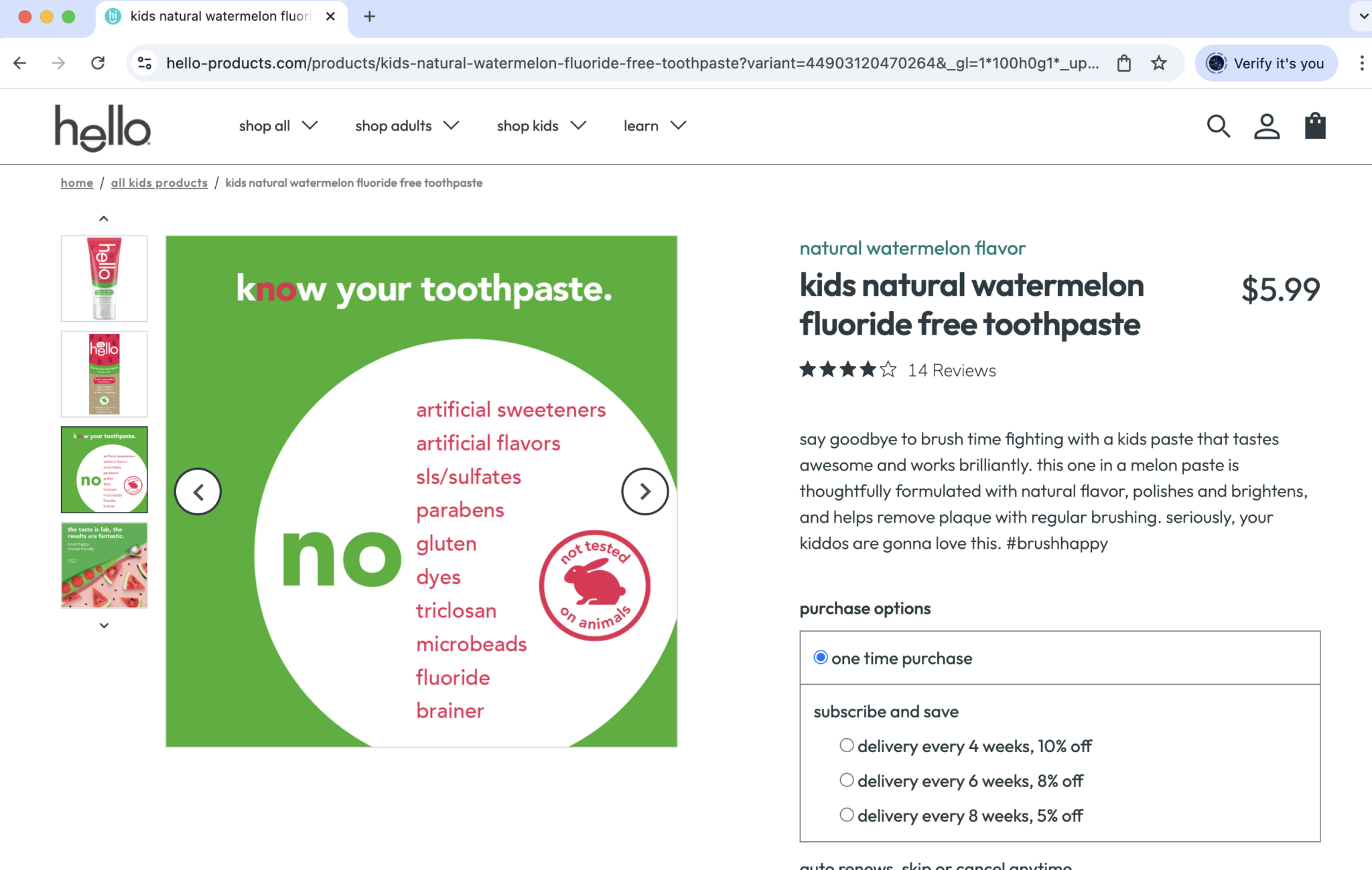 Hello Fluoride Free Toothpaste (in Fresh Watermelon flavor for "kids ...