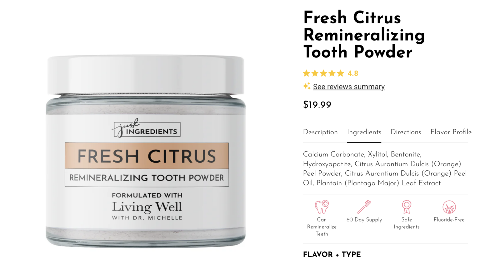 Just Ingredients Fresh Citrus Remineralizing Tooth Powder (Marketed for ...