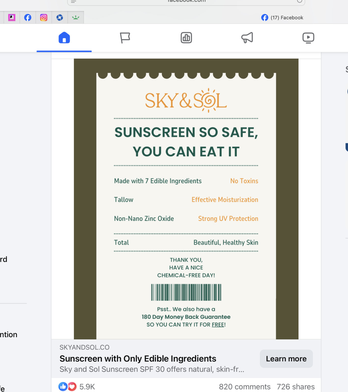 Sky & Sol Face & Body Sunscreen (SPF 50)— "Made with Edible Ingredients ...