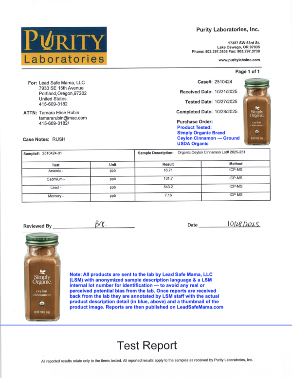 Independent, Third-Party Laboratory Testing of Simply Organic Ceylon ...